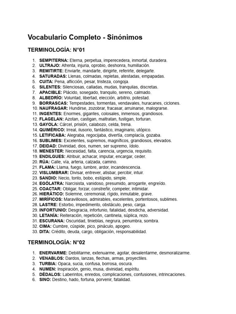 Vocabulario Completo - Sinónimos | PDF