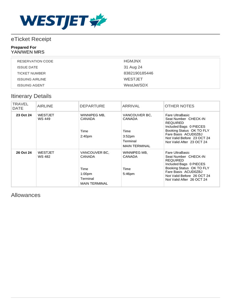 Electronic Ticket Receipt, October 23 For MRS WEN YAN | PDF | Canadian ...