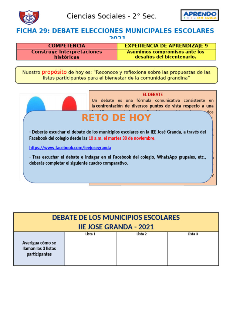 Ficha 29 Debate Municipios Escolares 2021 | PDF | Aprendizaje