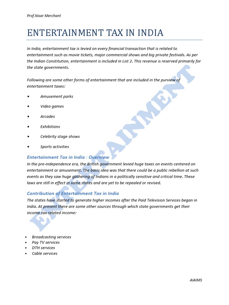 Overview of Entertainment Tax in India | PDF | Government Of India | Taxes