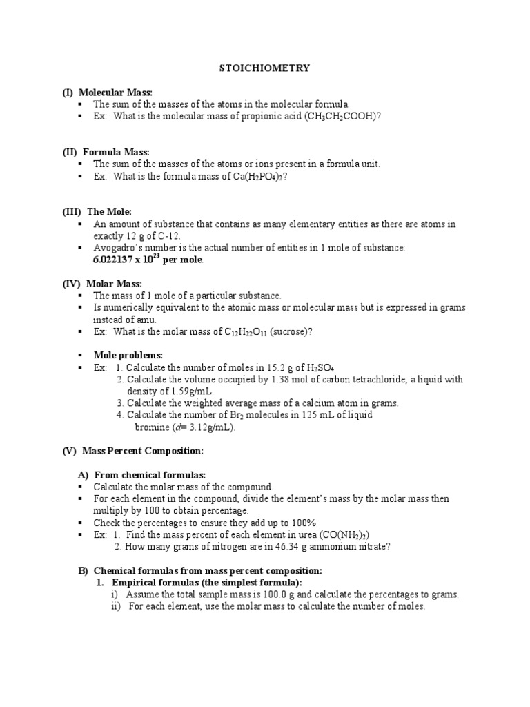 Stoichiometry (I) Molecular Mass | PDF | Mole (Unit) | Stoichiometry