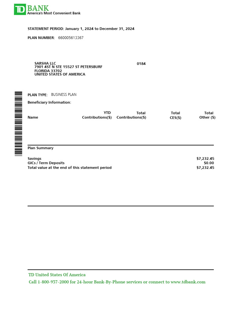 TD Bank Statement - SARSHA - LLC | PDF