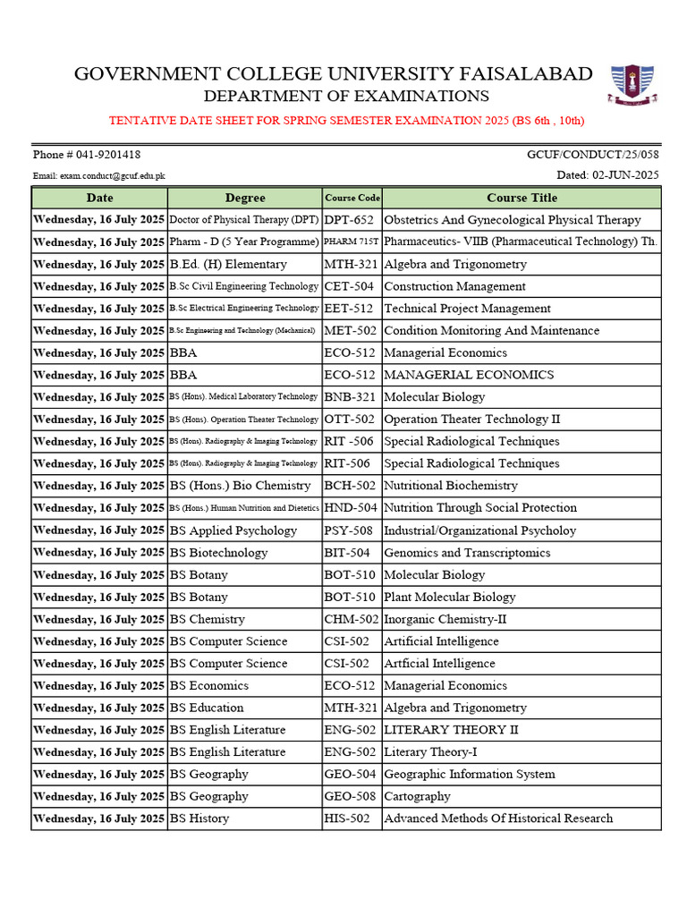 62 - Date Sheet Spring Semester 2024-25 - BS 6th & 10th | PDF | Science | Engineering