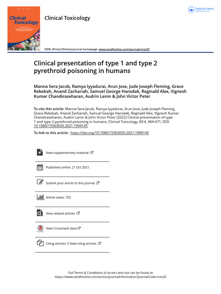 Clinical Presentation of Type 1 and Type 2 Pyrethroid Poisoning in ...