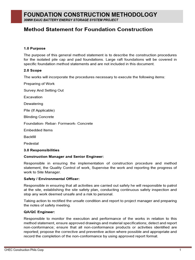 Method Statement Foundation | PDF | Concrete | Foundation (Engineering)