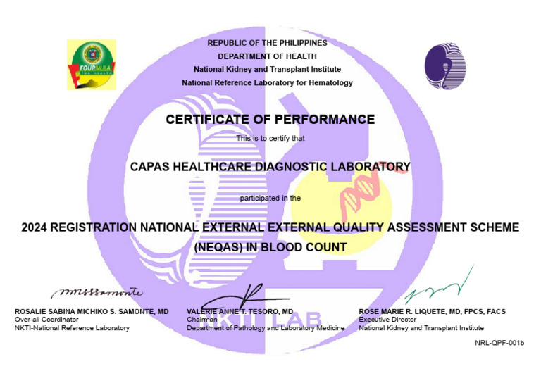 Certificate of Performance (NRL-NKTI NEQAS 2024 Hematology) - 11-2255 | PDF