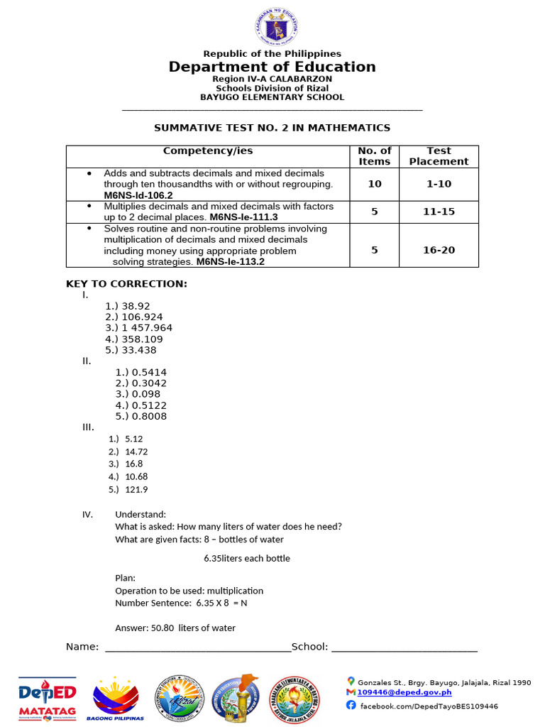 Summative Test 2 In Math 6 Pdf Multiplication Elementary Mathematics