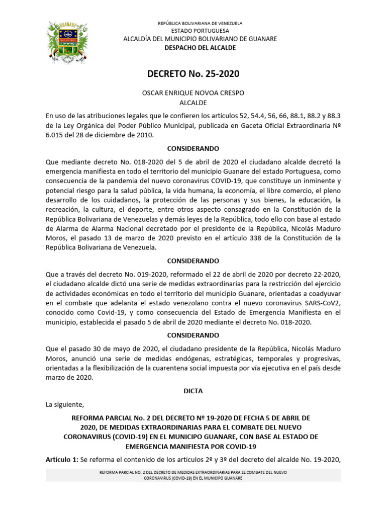 Reforma del Decreto COVID-19 en Guanare | PDF | Alcalde | Venezuela