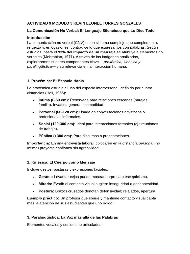 Actividad 9 Modulo 3 Kevin Leonel Torres Gonzales | PDF | Comunicación no verbal | Ciencias del ...