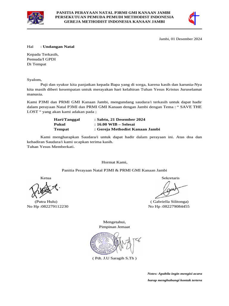 Surat Undangan Natal P3rmi 2024 (Gpdi) | PDF