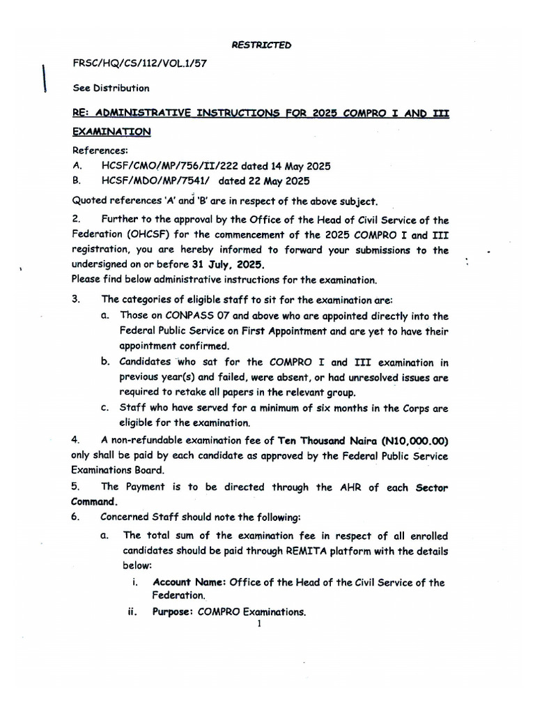 Re Administrative Instructions For 2025 Compro I and III Examination | PDF