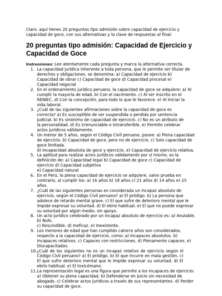 20 Preguntas Tipo Admisión Sobre Capacidad de Ejer.. | PDF | Competencia (ley) | Menor (ley)