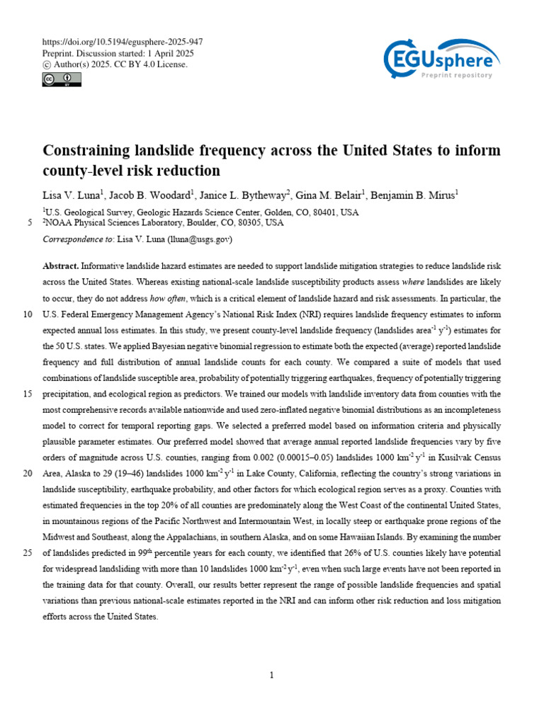 Constraining Landslide Frequency Across The United | PDF | Landslide | Risk