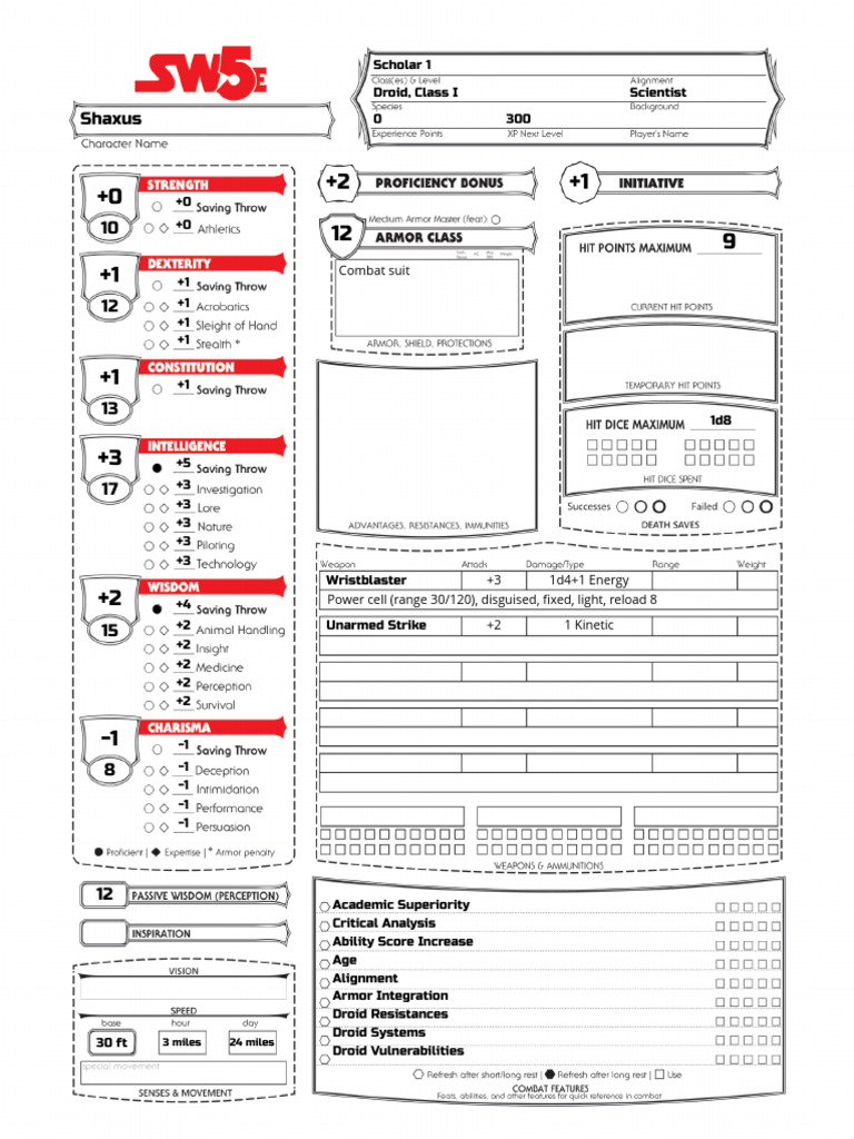 Print Character Sheet SW5E | PDF