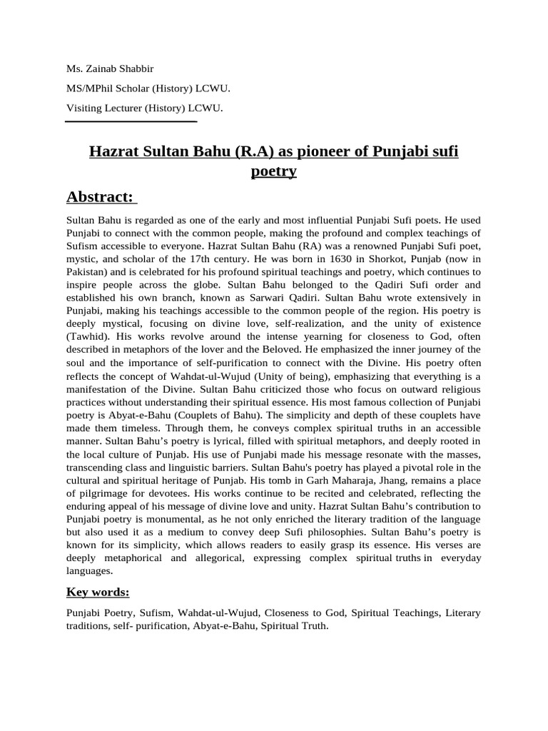 Sultan Bahu: Pioneer of Punjabi Sufism | PDF | Sufism | Spirituality