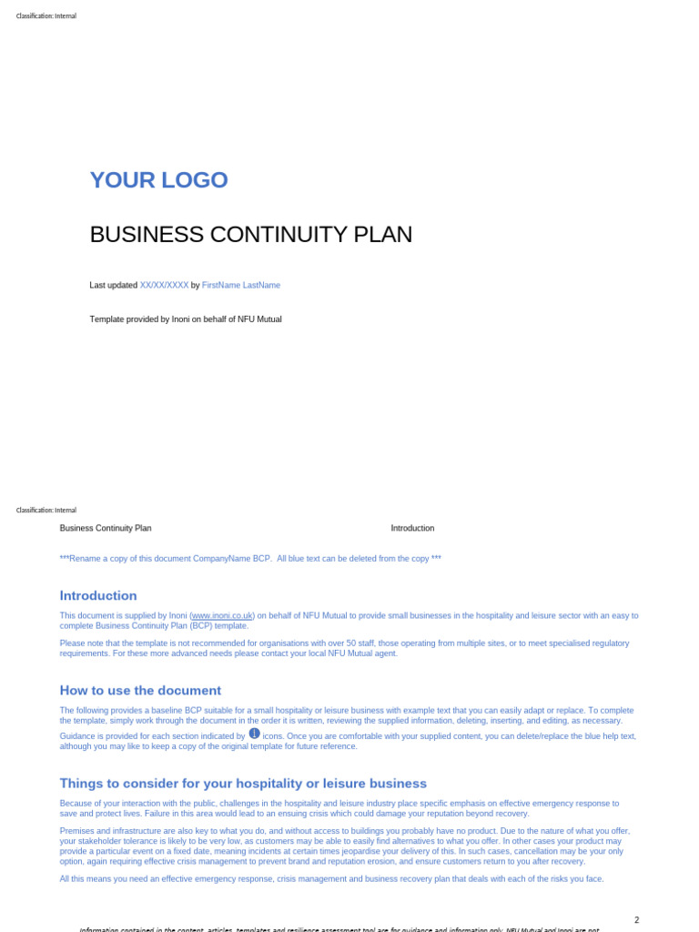 Business Continuity Plan Template for Hospitality | PDF | Emergency | Risk