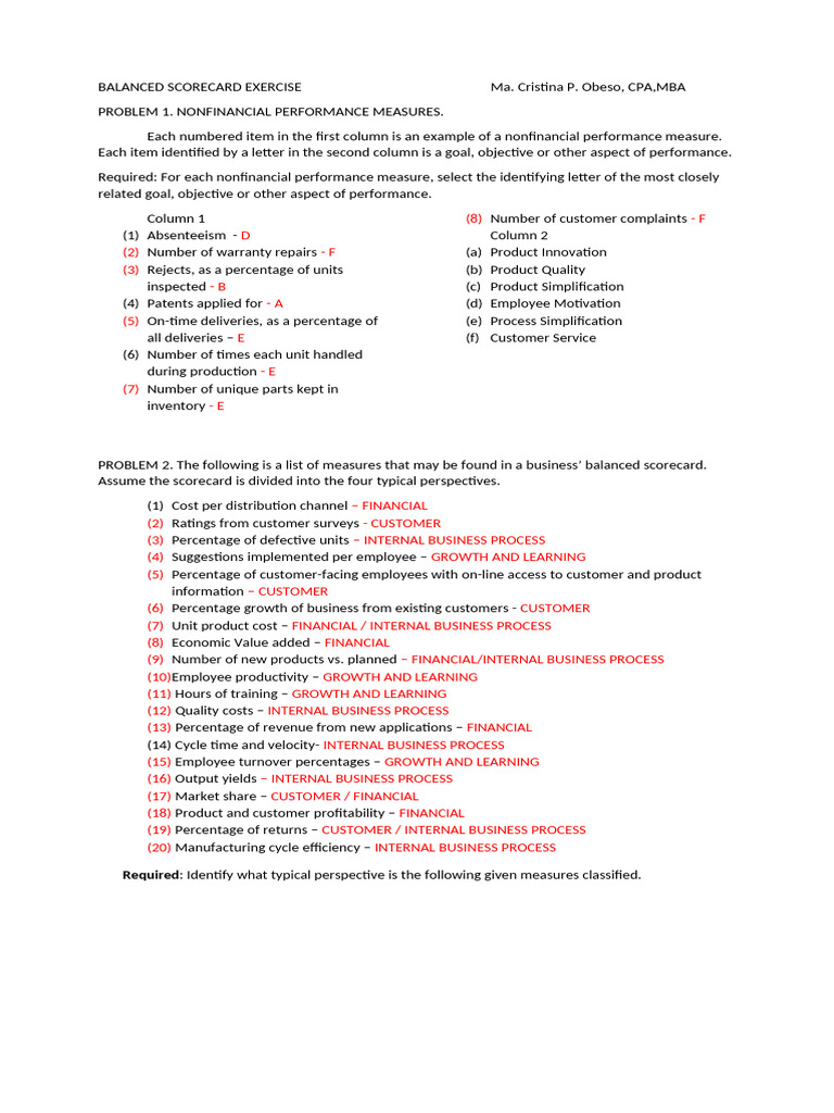 Balanced Scorecard Exercise ANSWERS | PDF | Employment | Business Process