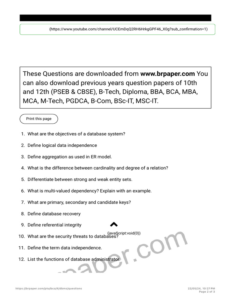 DBMS BCA 4th - PTU Very Short Questions | PDF