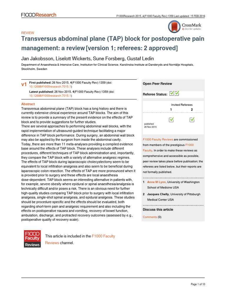 Transversus Abdominal Plane (TAP) Block For Postoperative Pain | PDF ...