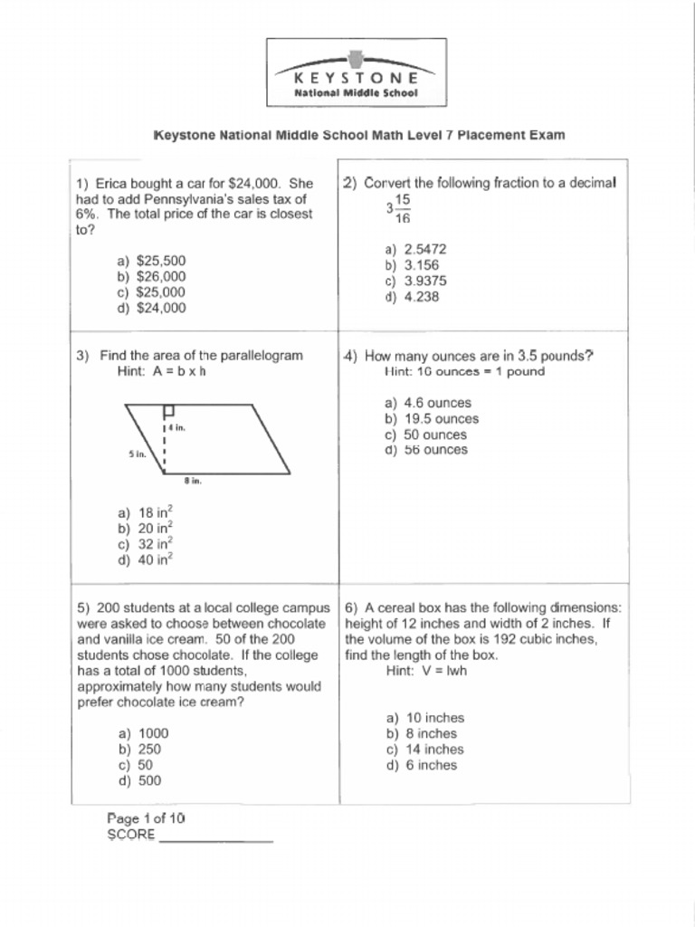 Keystone National Middle School Math Level 7 Placement Exam | PDF