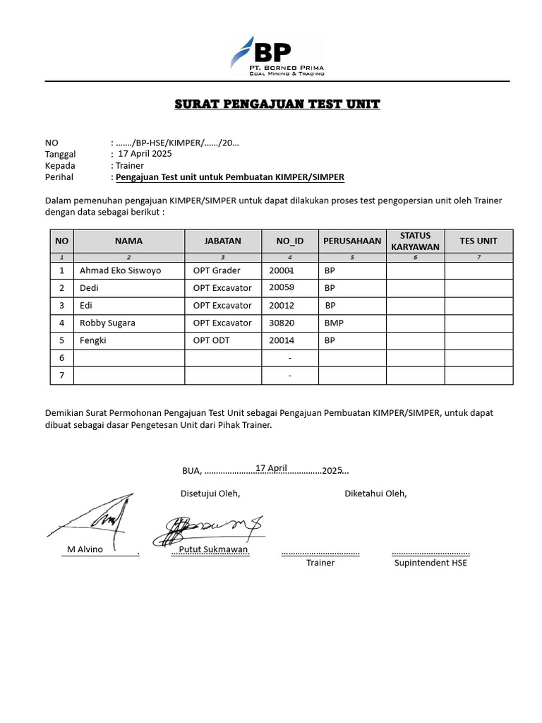 Pengajuan Test Unit KIMPER/SIMPER | PDF