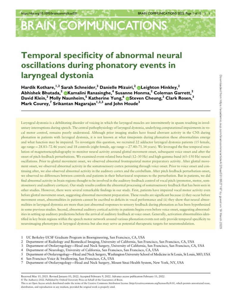 Temporal Specificity of Abnormal Neural Oscillations During Phonatory ...