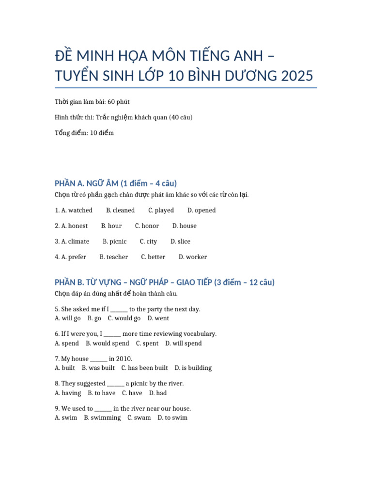 De Minh Hoa Tieng Anh 10 Binh Duong 2025 | PDF