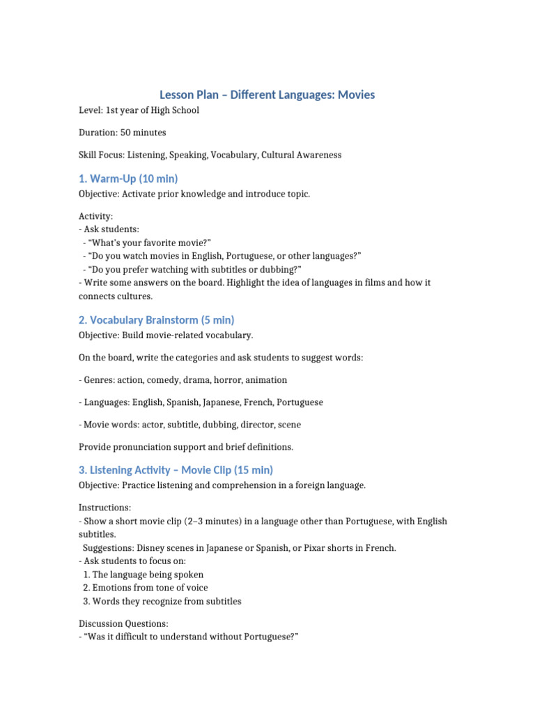 Language and Movies Lesson Plan | PDF