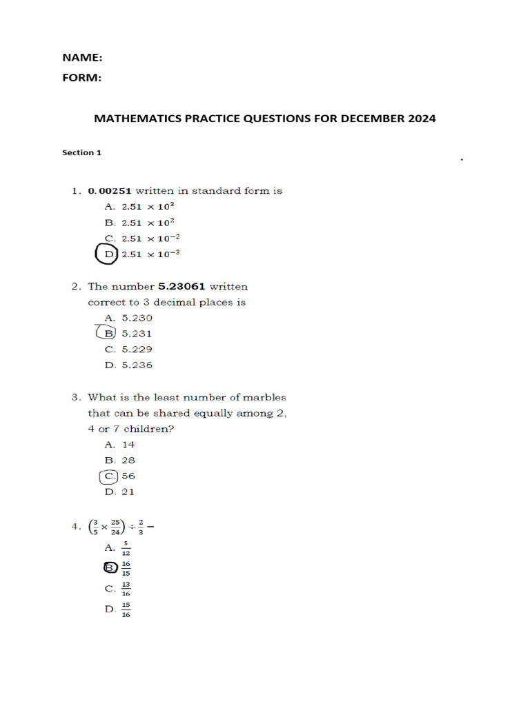 Mathematics Practice Questions For Dec 2024 | PDF