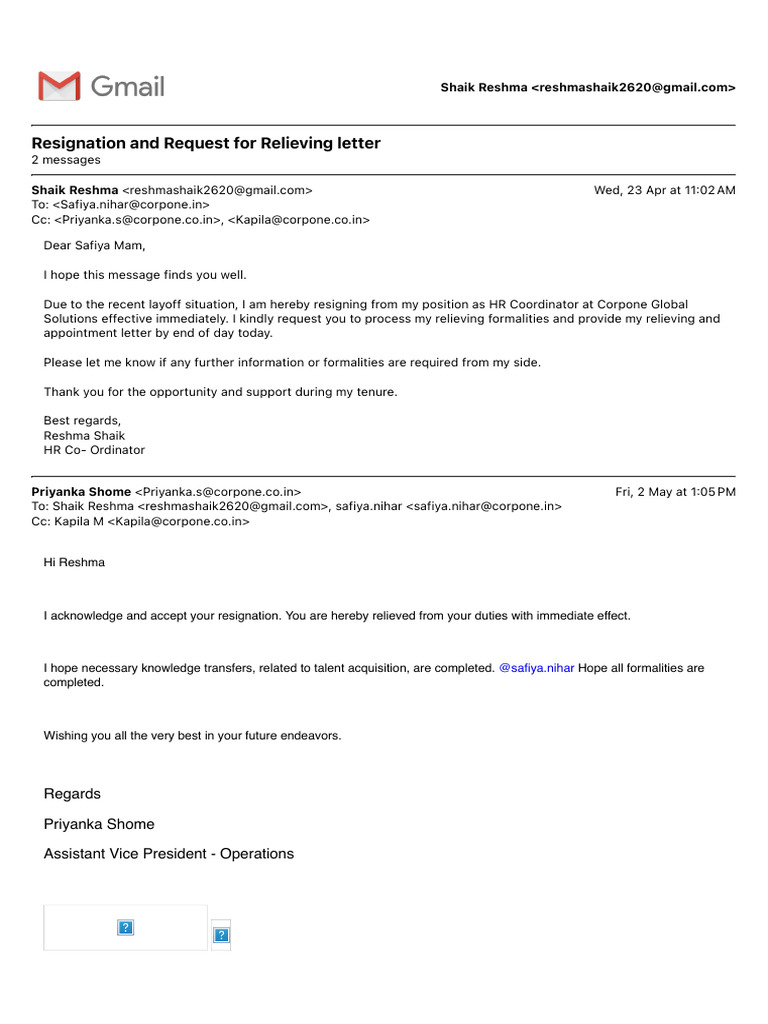Resignation and Relieving Request | PDF