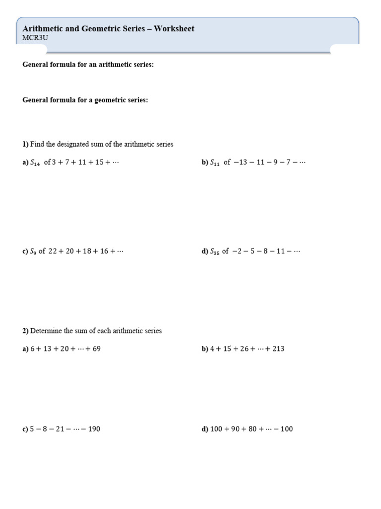 Arithmetic and Geometric Series Worksheet | PDF
