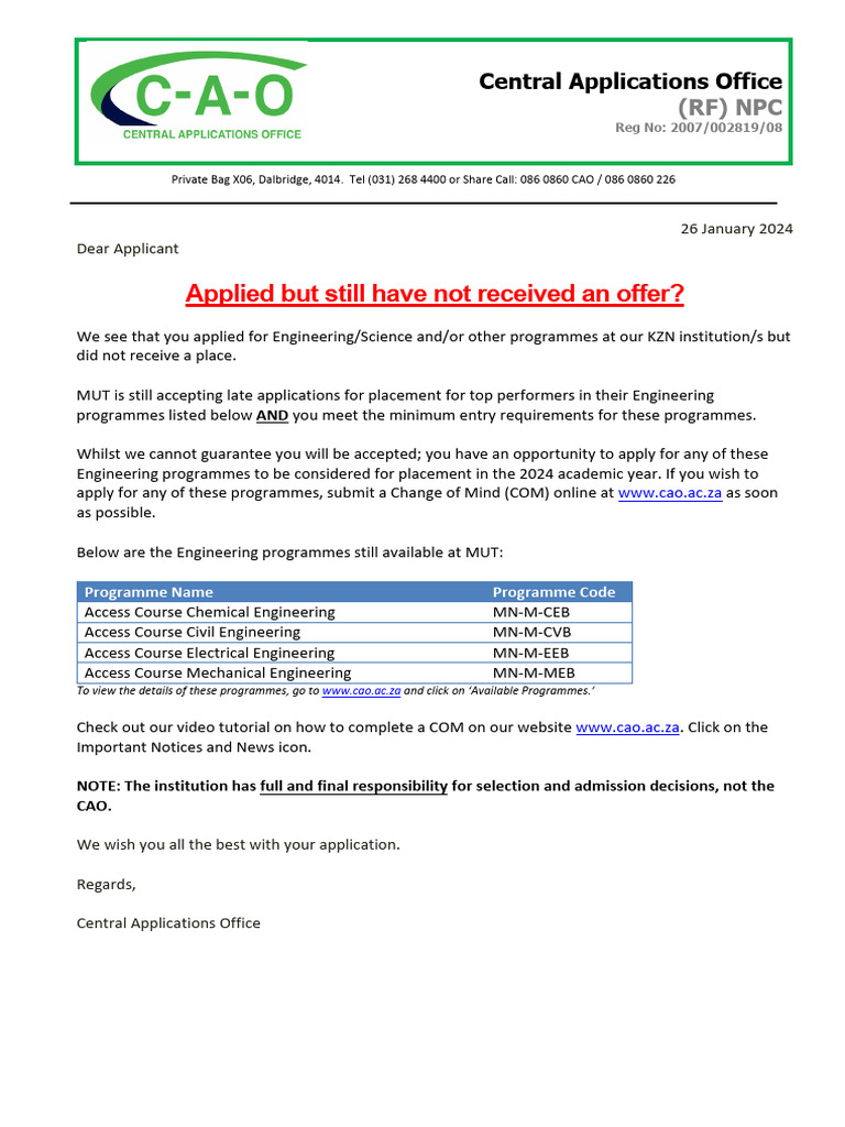 Special Message Engineering Students - MUT Engineering Access ...