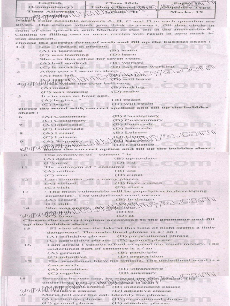 Past Papers 2019 Lahore Board 10th Class English Compulsory Group II ...