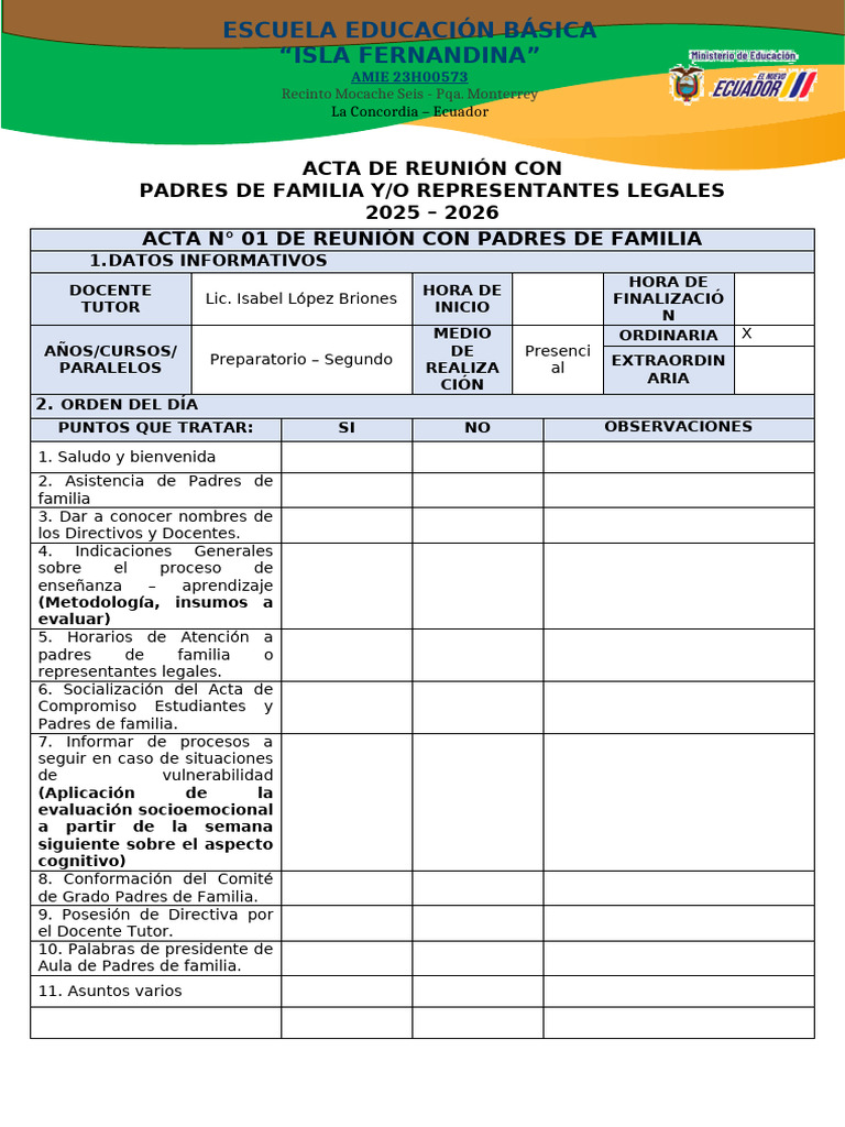Acta Reunión Padres 2025-2026 EGB | PDF | Aprendizaje | Enseñando