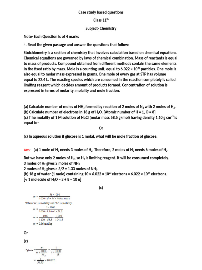 Case Study Based Questions | PDF | Mole (Unit) | Stoichiometry