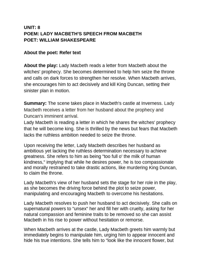 Sem2 Unit8 Summaries (Poem & Prose) | PDF | Macbeth