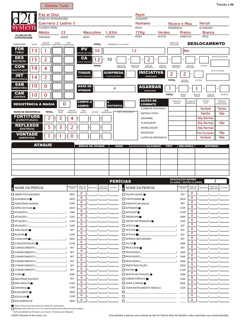 DD 3e Ficha de Personagem d20 Completavel Ras Al Ghul | PDF