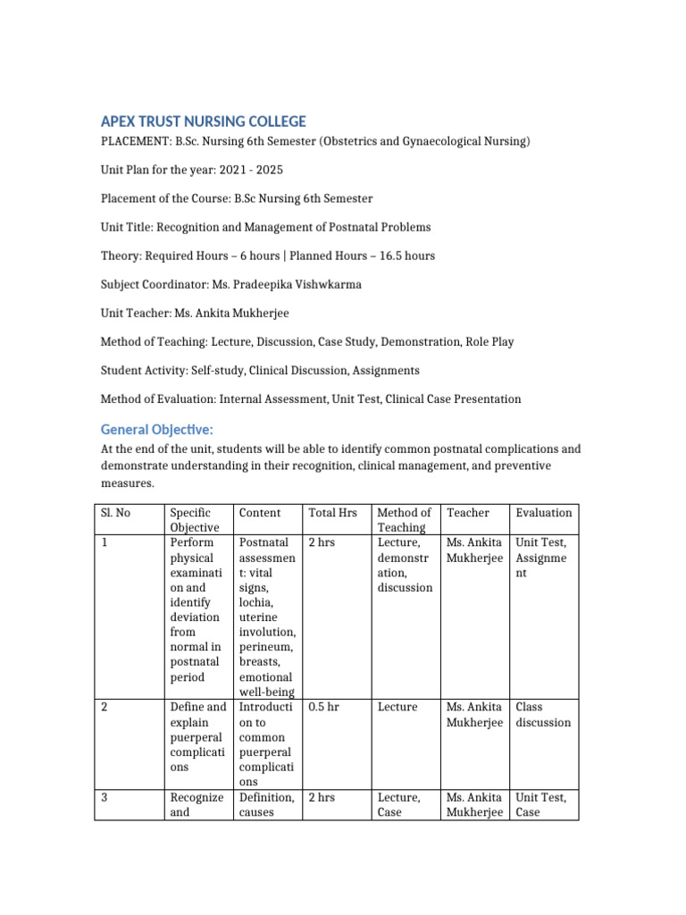 Postnatal Complications Management Plan | PDF | Postpartum Period ...