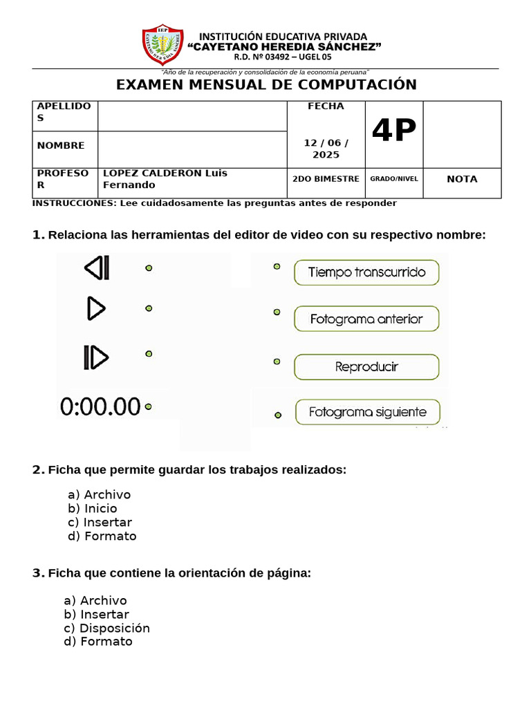 IV FORMATO DE EXAMENES 2025 - 4to P | PDF