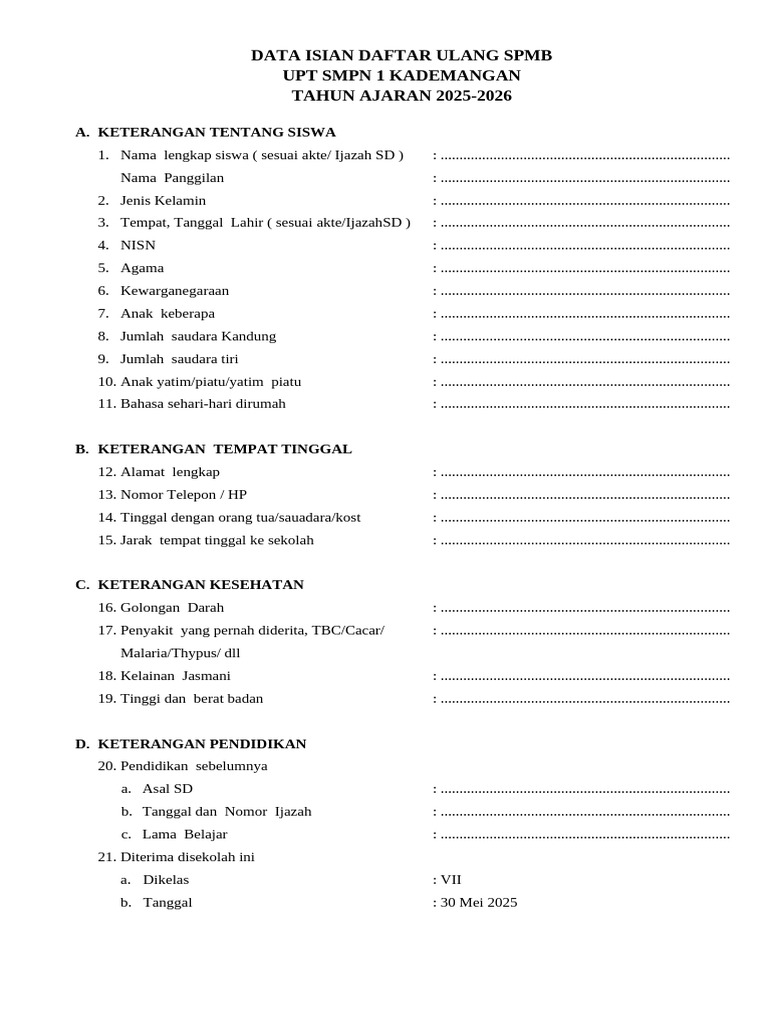 Formulir Daftar Ulang Spmb Spesaka 2025 | PDF