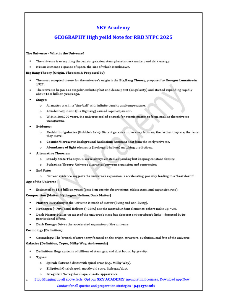 Geography High Yeild Note RRB NTPC | PDF | Planets | Universe