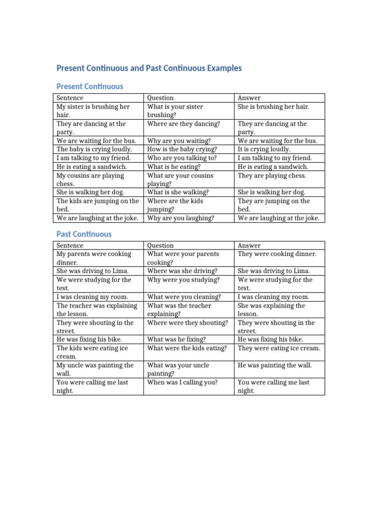 Present and Past Continuous Examples | PDF