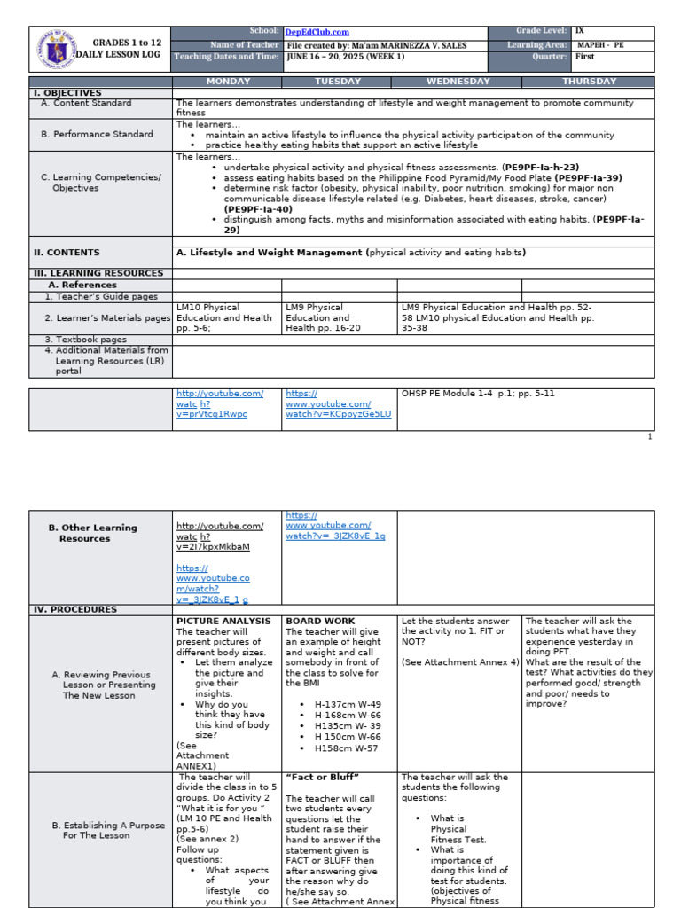 DLL_MAPEH-PE 9_Q1_W1 | PDF | Overweight | Human Body Weight