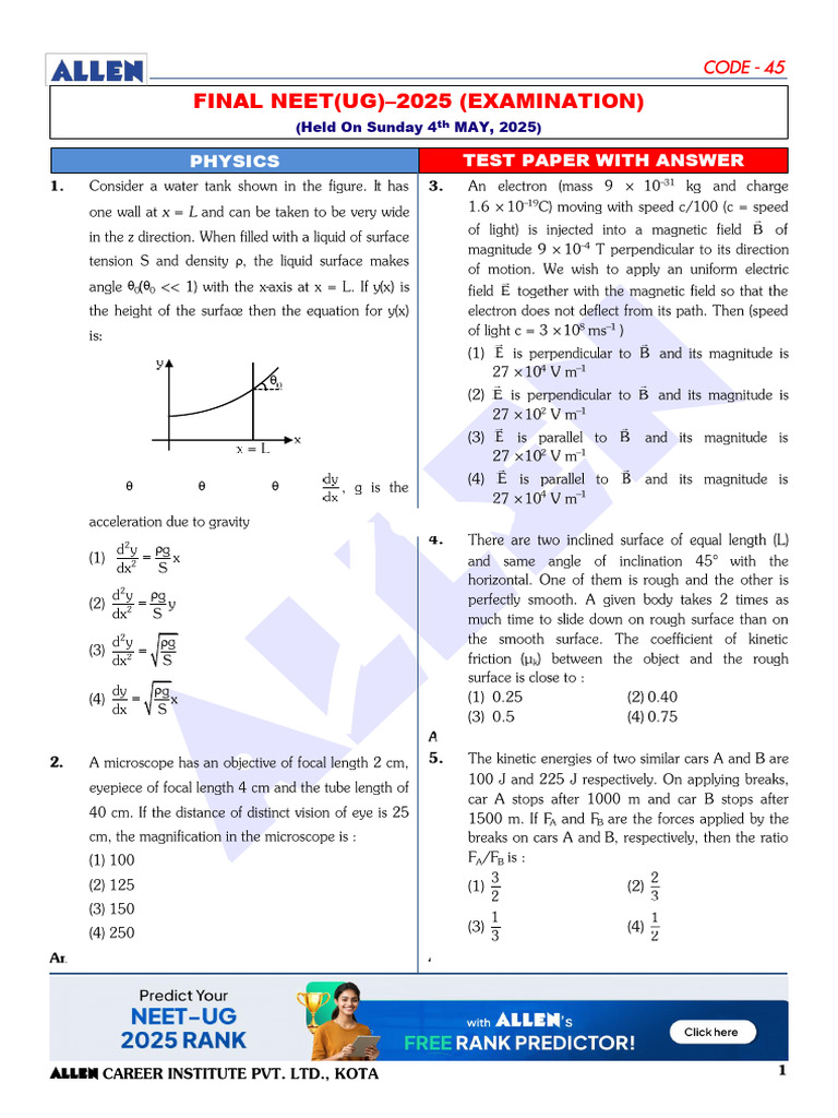 NEET 2025 Physics Test Paper Code 45 | PDF | Standardized Tests ...