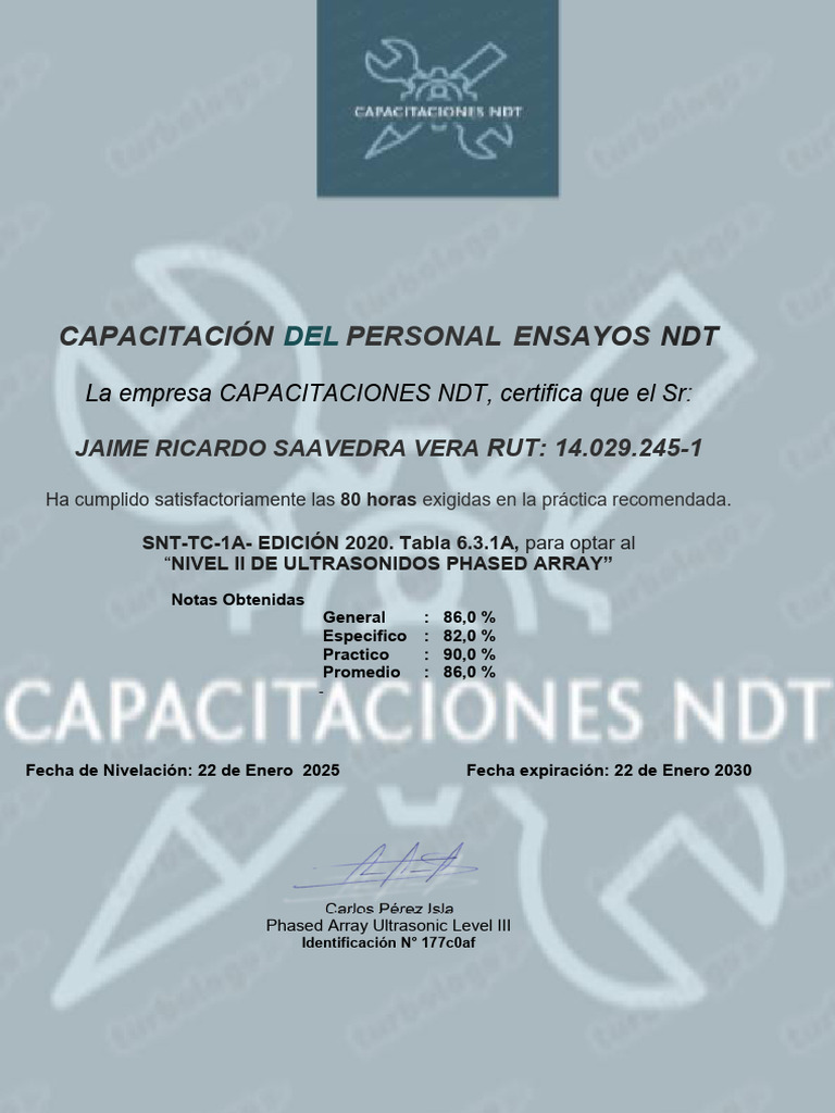 Certificado de Horas UT PHASED ARRAY Jaime Saavedra 22-01-2025 | PDF