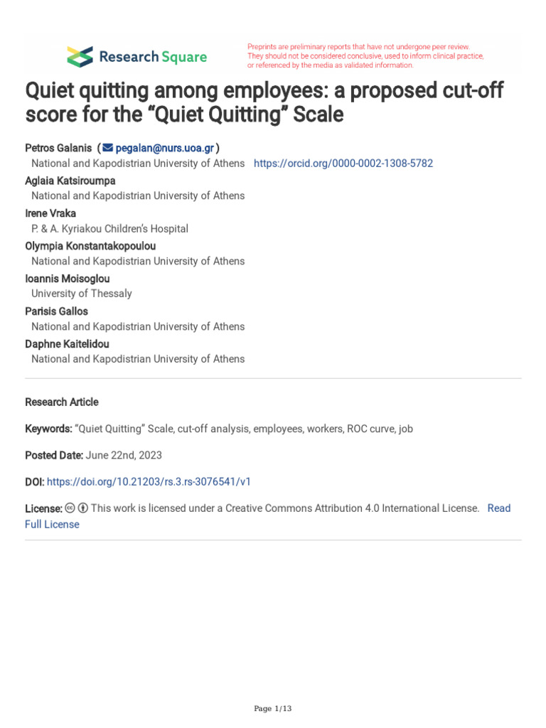 Quiet Quitting Among Employees A Proposed Cut-Off | PDF | Receiver Operating Characteristic