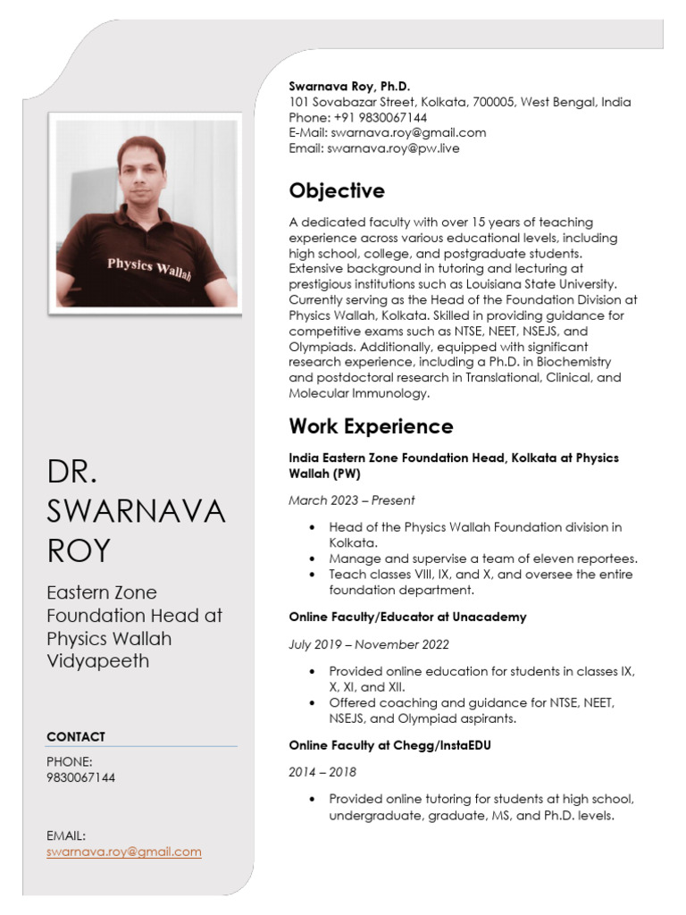 Dr. Swarnava Roy: Academic Profile | PDF | Real Time Polymerase Chain ...