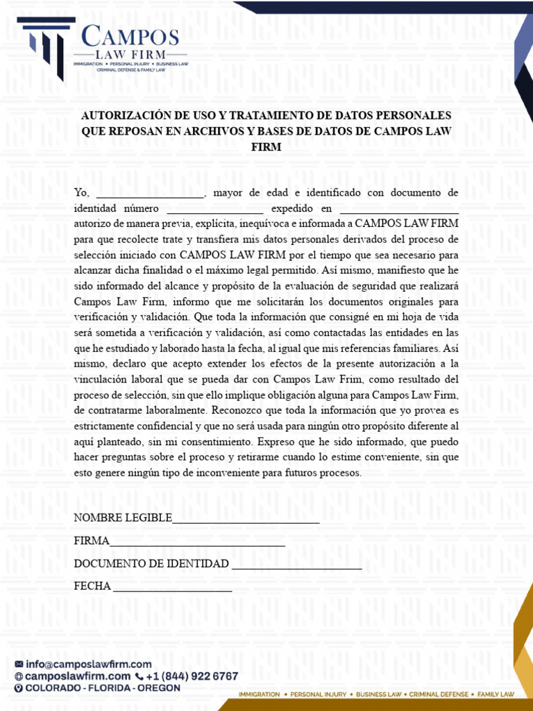 Autorización De Uso Y Tratamiento De Datos Personales Pdf