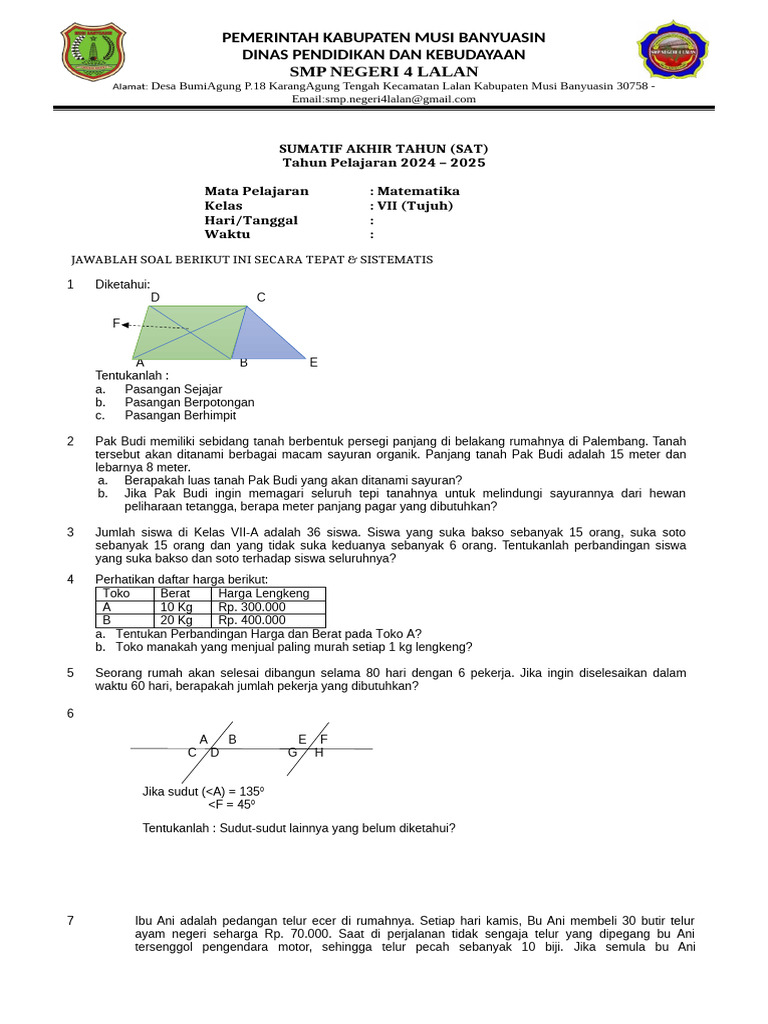 Soal Sat Kelas Vii Sem 2 | PDF