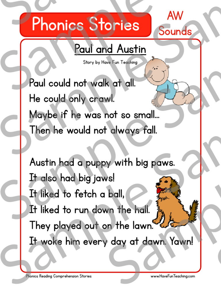 Paul and Austin Phonics Reading Comprehension Story Worksheet Aw Sound ...